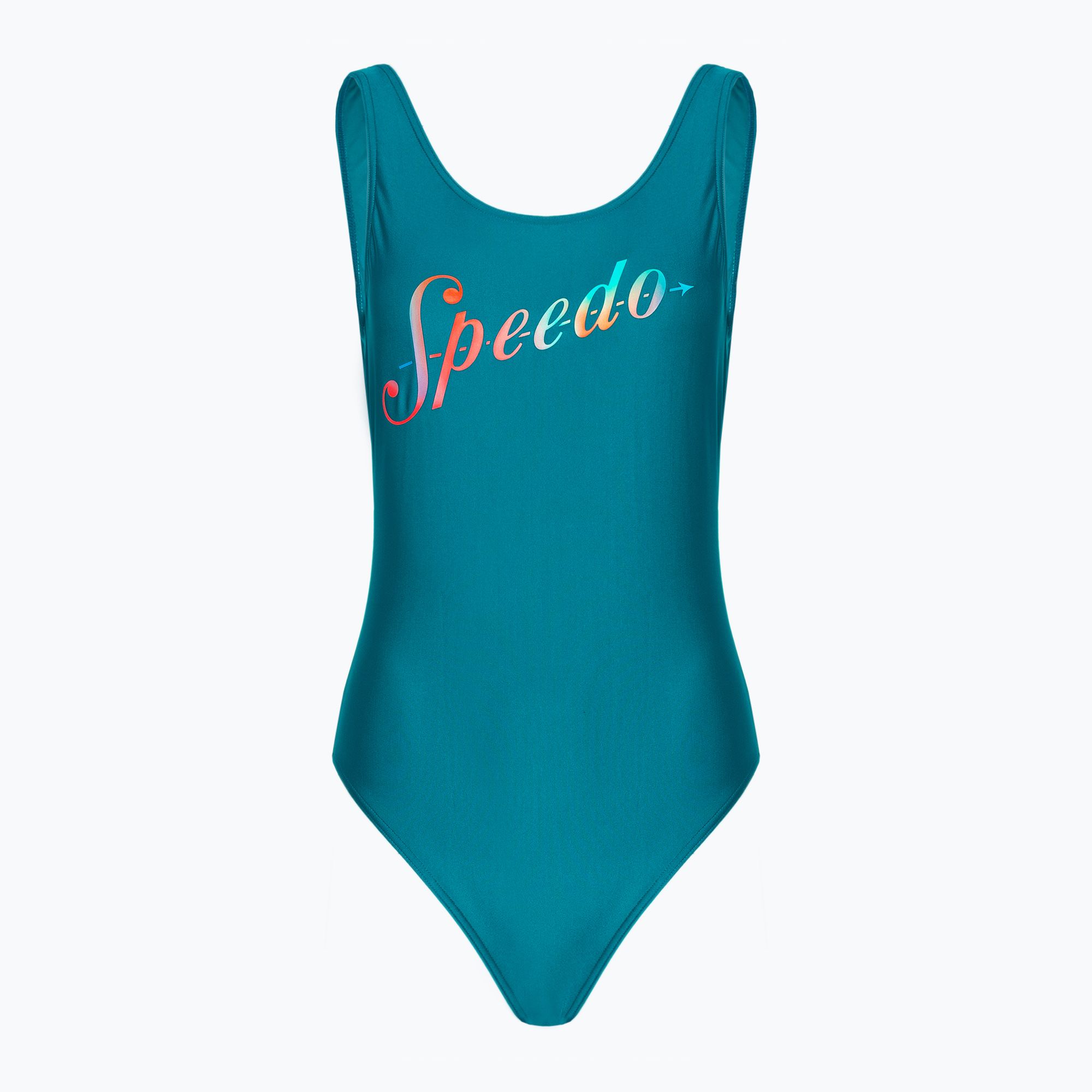Speedo Damen-Badeanzug Logo Deep U-Back peacock/pumpkin spice/marine ...